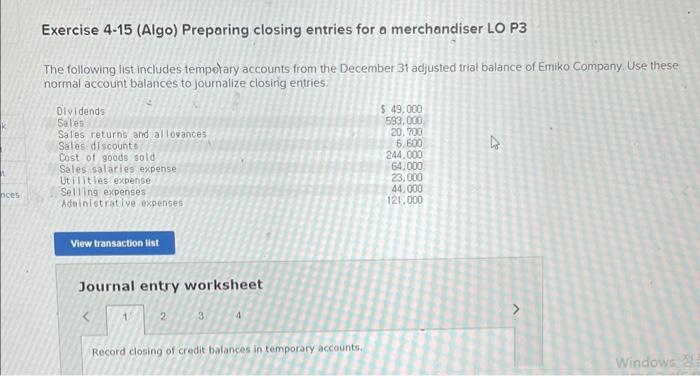 Solved Exercise 4-15 (Algo) Preparing closing entries for a | Chegg.com