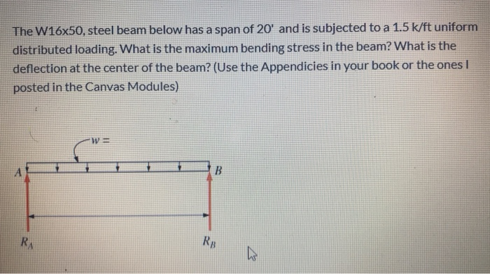 Solved The W16x50, steel beam below has a span of 20' and is | Chegg.com