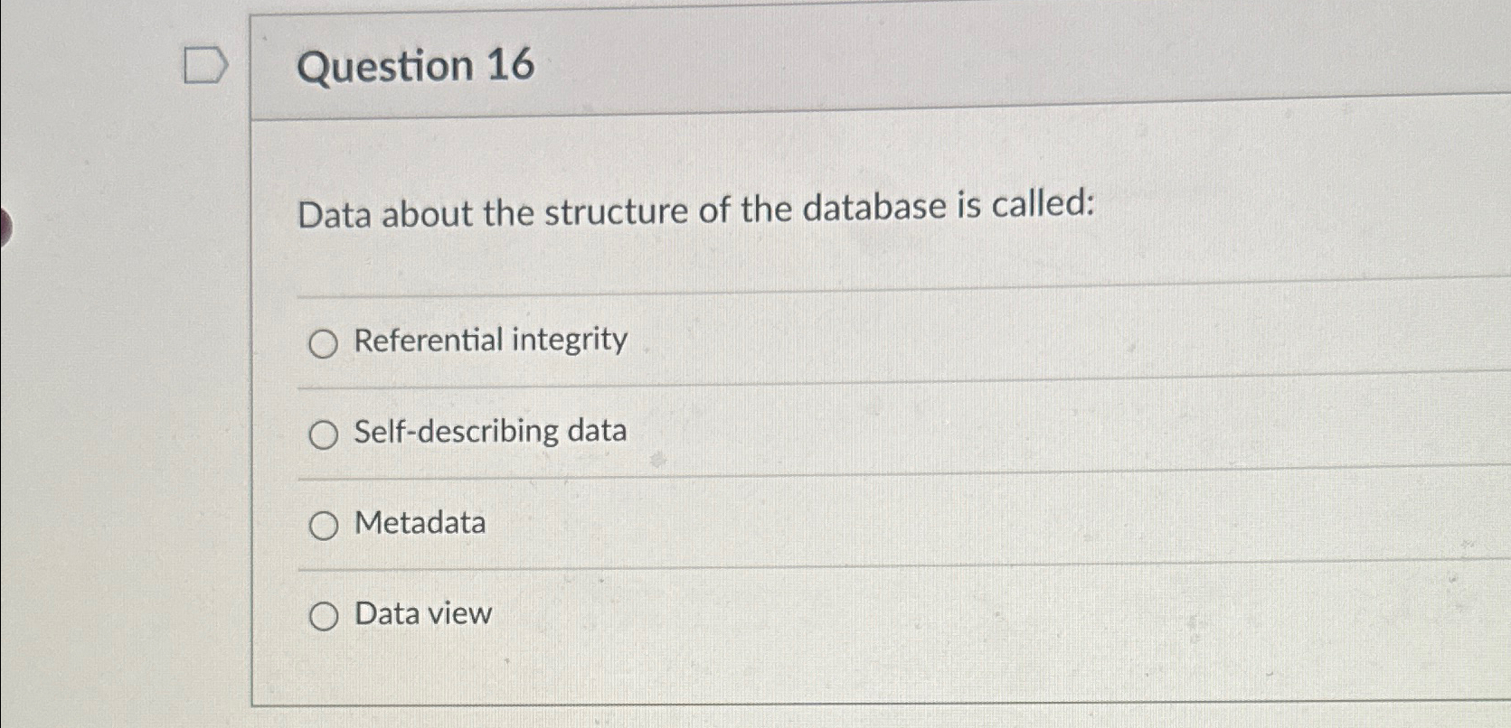 Solved Question 16Data about the structure of the database | Chegg.com