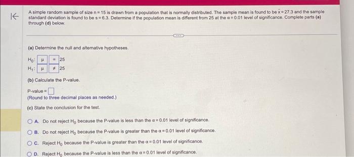 Solved A simple random sample of size n=15 is drawn from a | Chegg.com