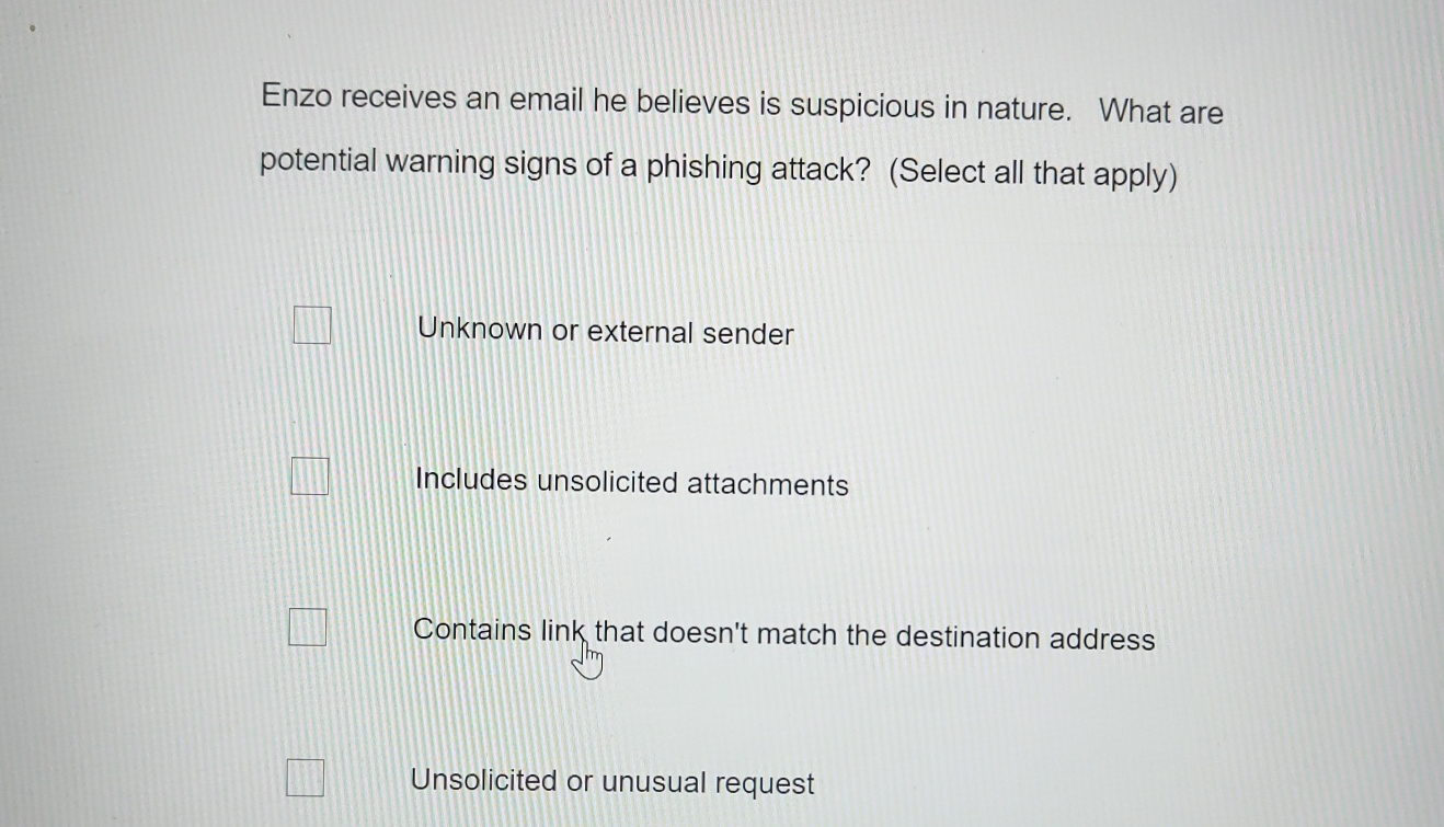 Solved Enzo receives an email he believes is suspicious in | Chegg.com