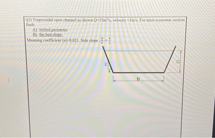 Q3) Trapezoidal open channel as shown Q=15 m3/s, | Chegg.com