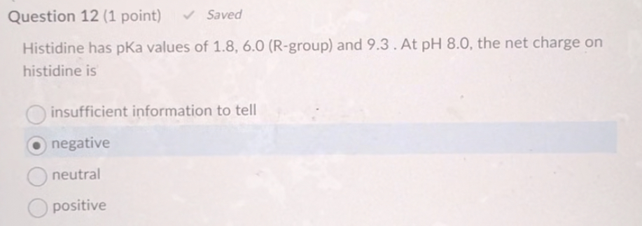 Solved Question 12 (1 ﻿point)Histidine has pKa values of | Chegg.com