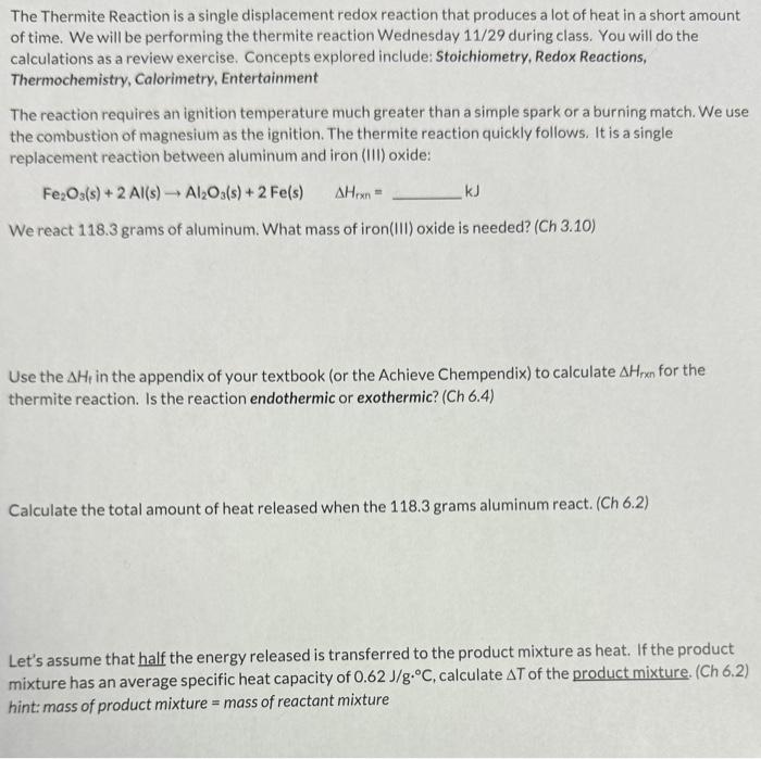 Solved The Thermite Reaction is a single displacement redox | Chegg.com