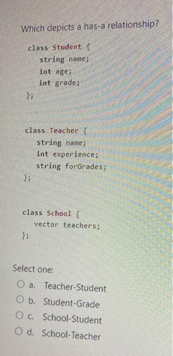 Solved Which depicts a has-a relationship class student \{ | Chegg.com