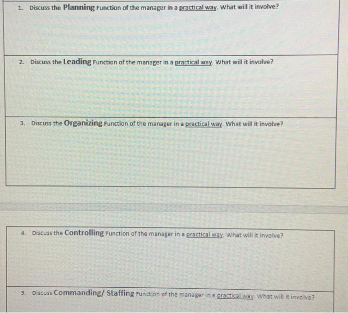 Solved 1. Discuss the Planning Function of the manager in a | Chegg.com