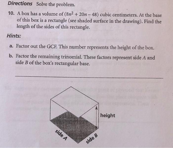 Solved Directions Solve the problem. a 10. A box has a | Chegg.com