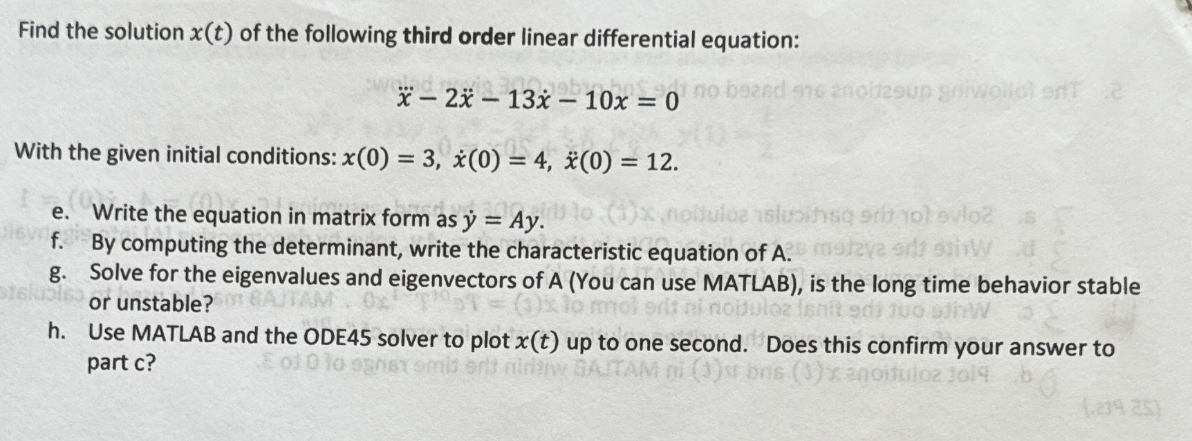 Solved Find the solution x(t) ﻿of the following third order | Chegg.com