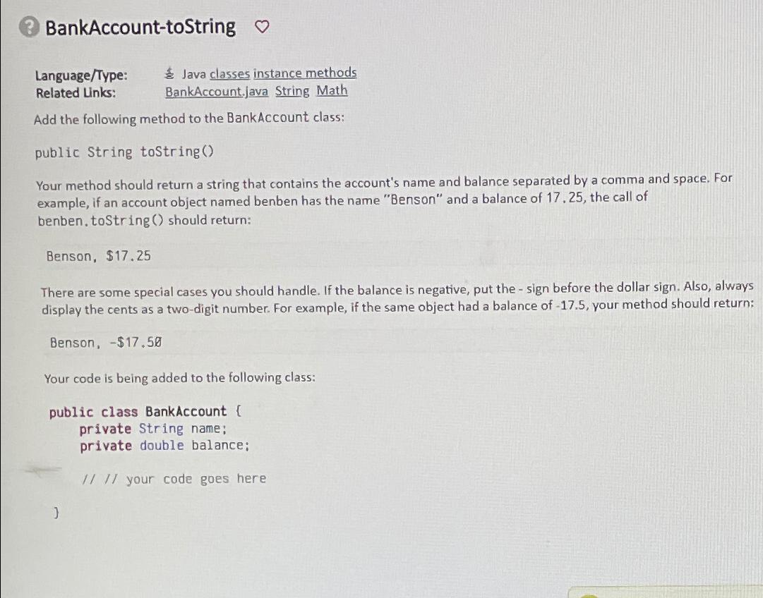 Solved BankAccount-toStringLanguage/Type:Java classes | Chegg.com