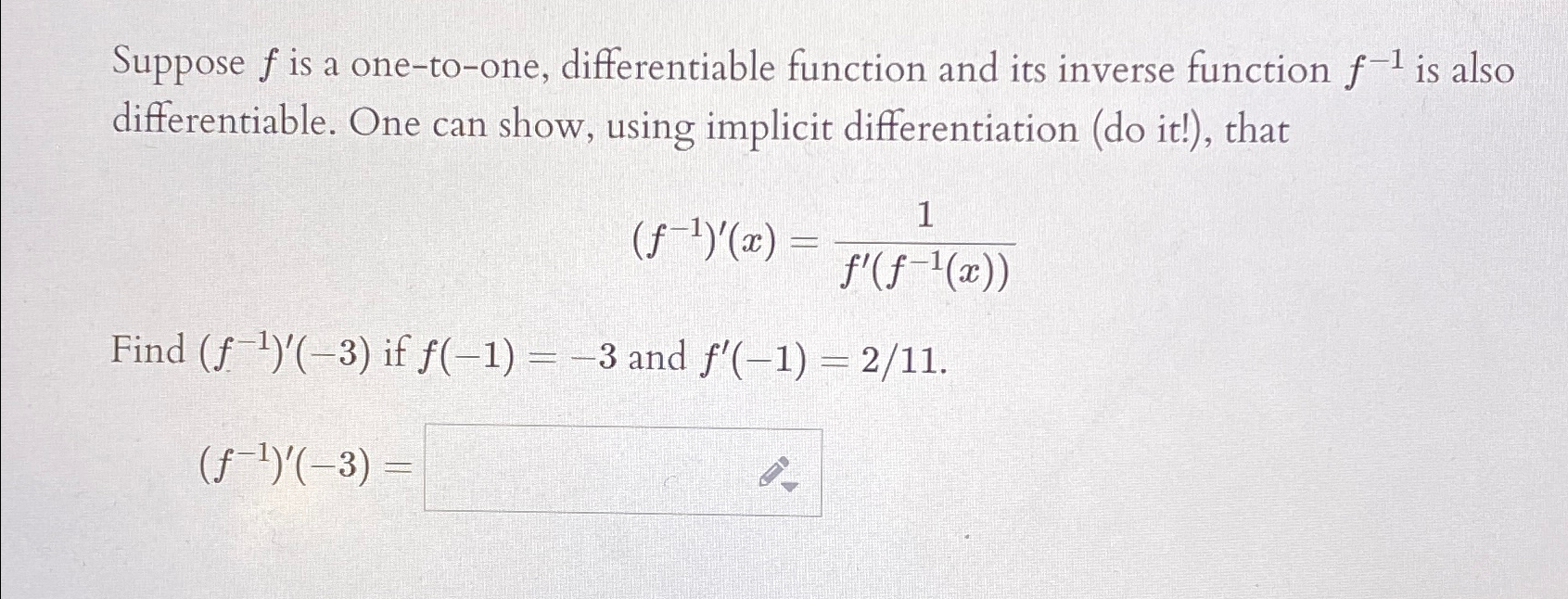 Solved Suppose f ﻿is a one-to-one, differentiable function | Chegg.com