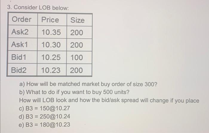 Solved 3. Consider LOB below: a) How will be matched market | Chegg.com
