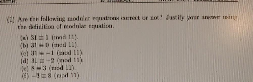 Solved Namen 1 Are The Following Modular Equations Correct