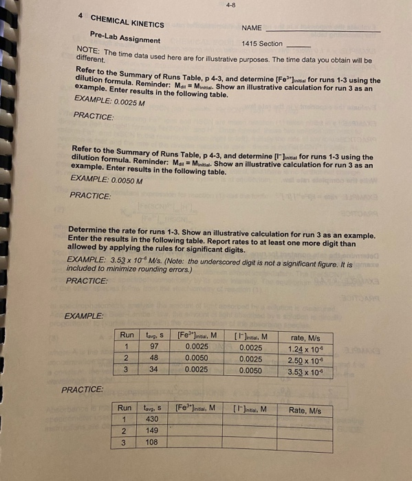 4 CHEMICAL KINETICS Pre-Lab Assignment NAME 1415 | Chegg.com