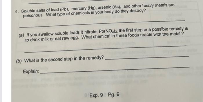 Solved 4. Soluble salts of lead (Pb), mercury (Hg), arsenic | Chegg.com