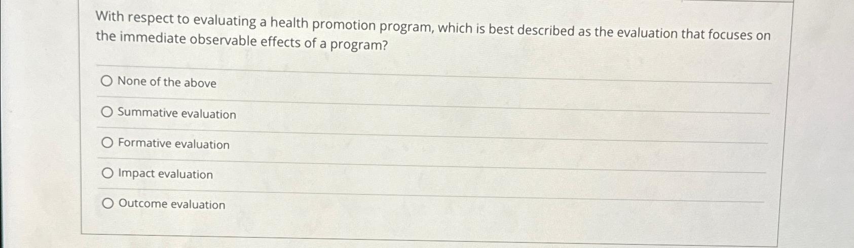 Solved With respect to evaluating a health promotion | Chegg.com
