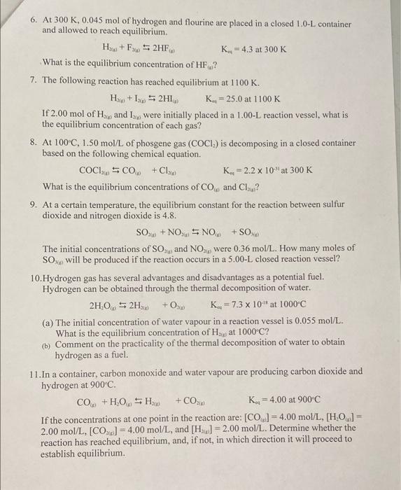 Solved Chemical Equilibrium and K., Review Worksheer I 1. | Chegg.com