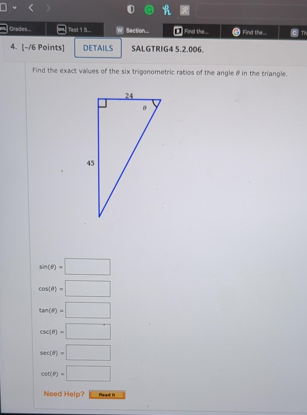 Solved find the exact values of six trigonomic ratios in the | Chegg.com
