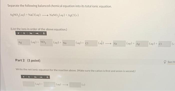 Solved Separate the following balanced chemical equation | Chegg.com
