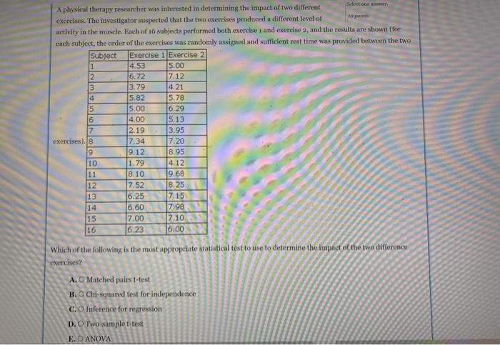 Solved Select one A physical therapy researcher was | Chegg.com