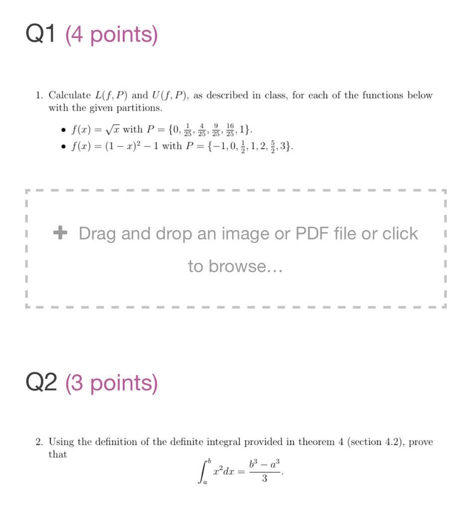 Solved Q1 (4 points) 1. Calculate L(f. P) and U(f, P), as | Chegg.com