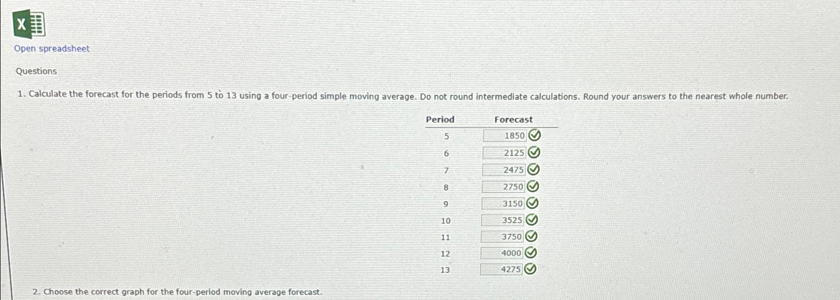 Solved Open spreadsheetQuestions\table[[Period,Forecast],[5, | Chegg.com