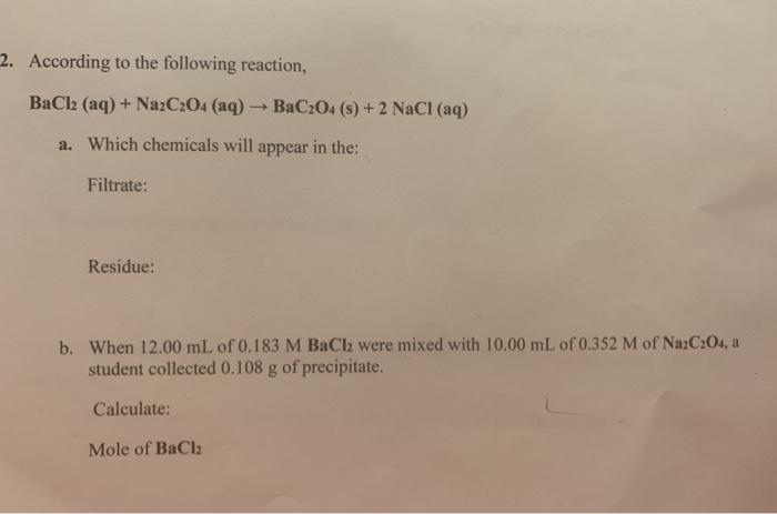 Solved 2. According to the following reaction, BaCl2 (aq)+ | Chegg.com