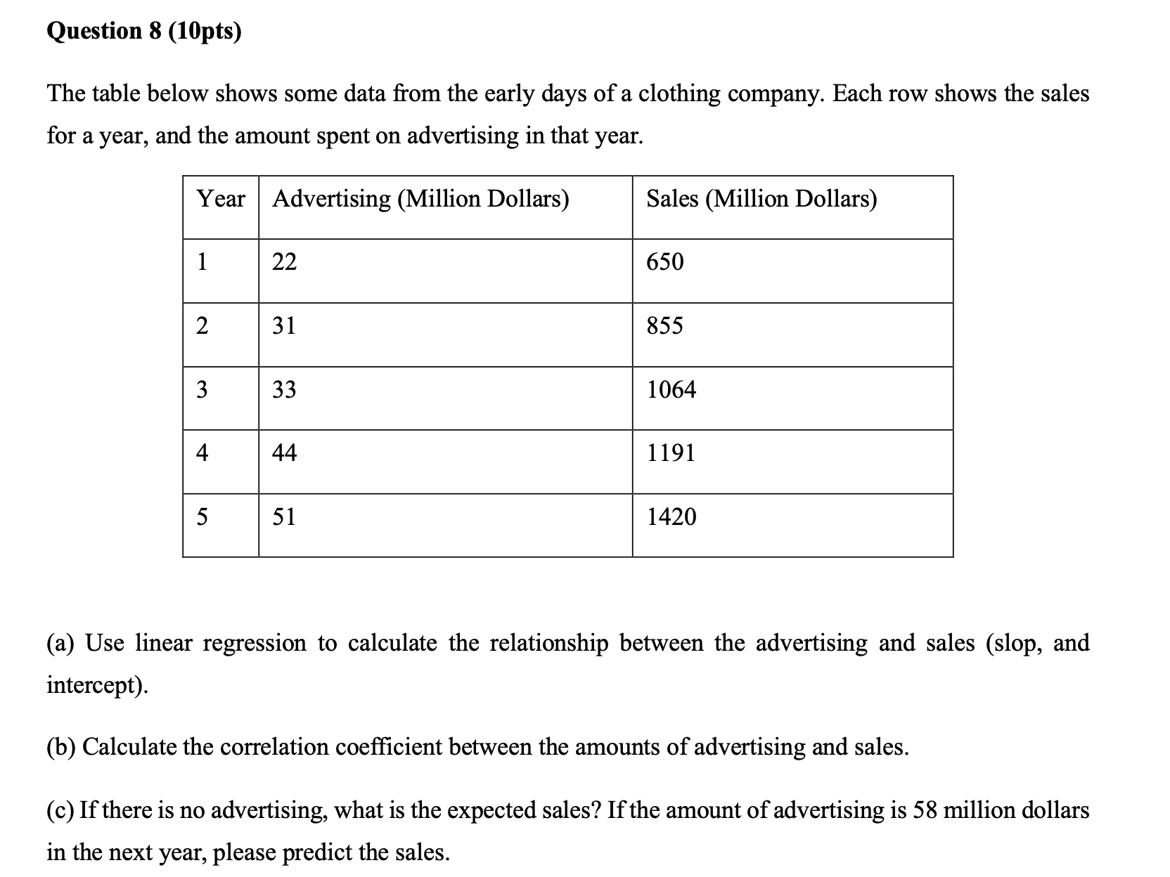 Solved Question 8 (10pts)The table below shows some data | Chegg.com