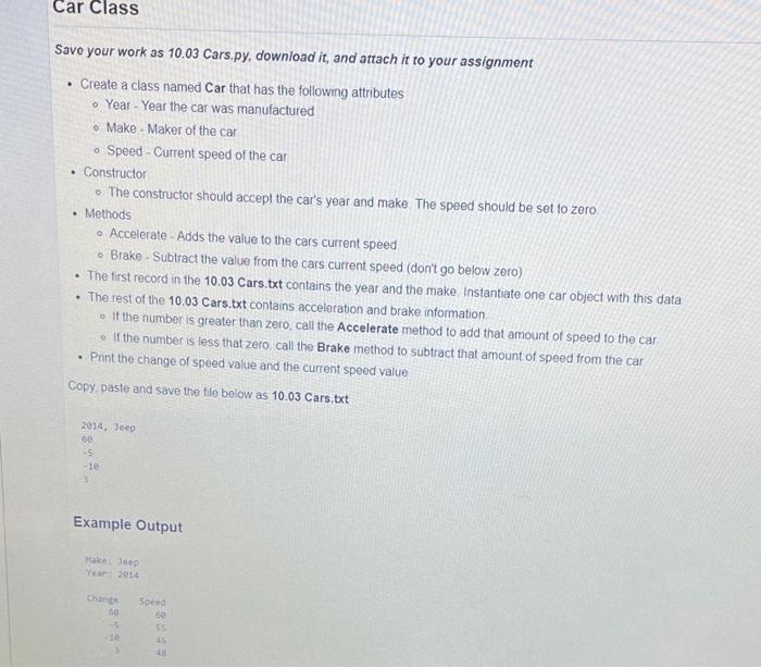 Solved Car Class Save your work as 10.03 Cars.py, download | Chegg.com