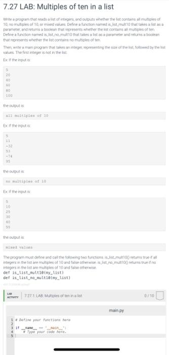 7.27 LAB: Multiples of ten in a list Wrile a program | Chegg.com