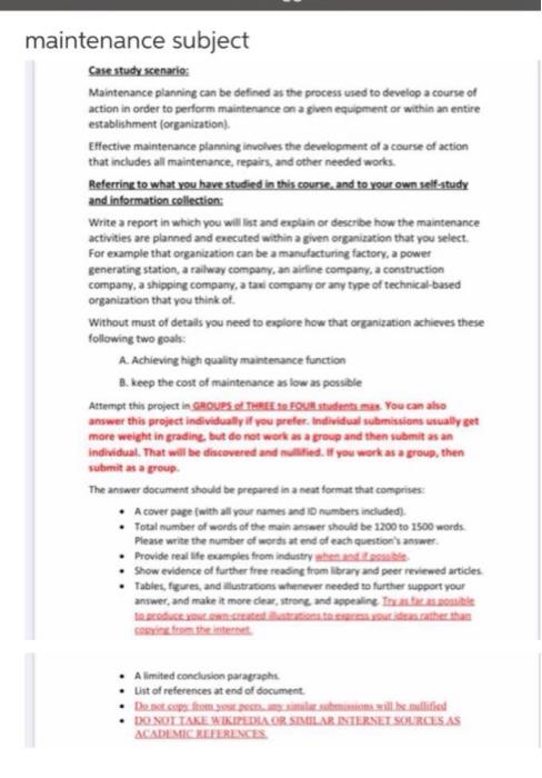 Solved maintenance subject Case study scenario: Maintenance | Chegg.com