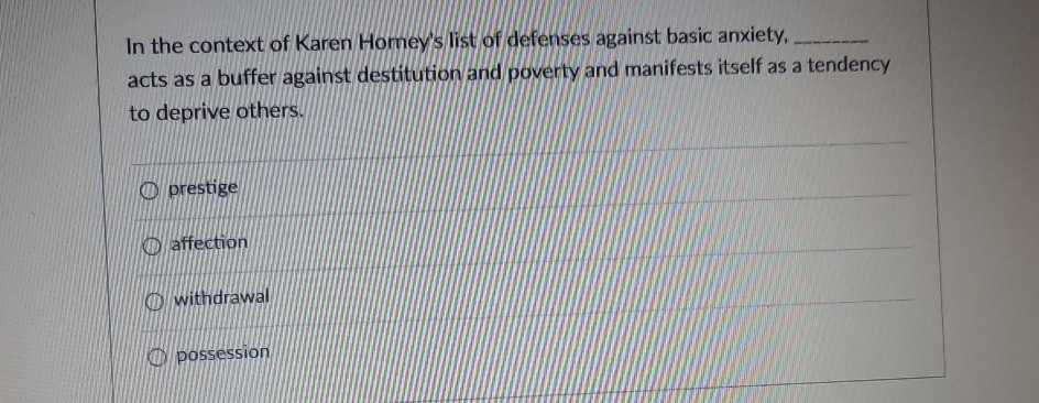 Solved In the context of Karen Homey's list of defenses | Chegg.com