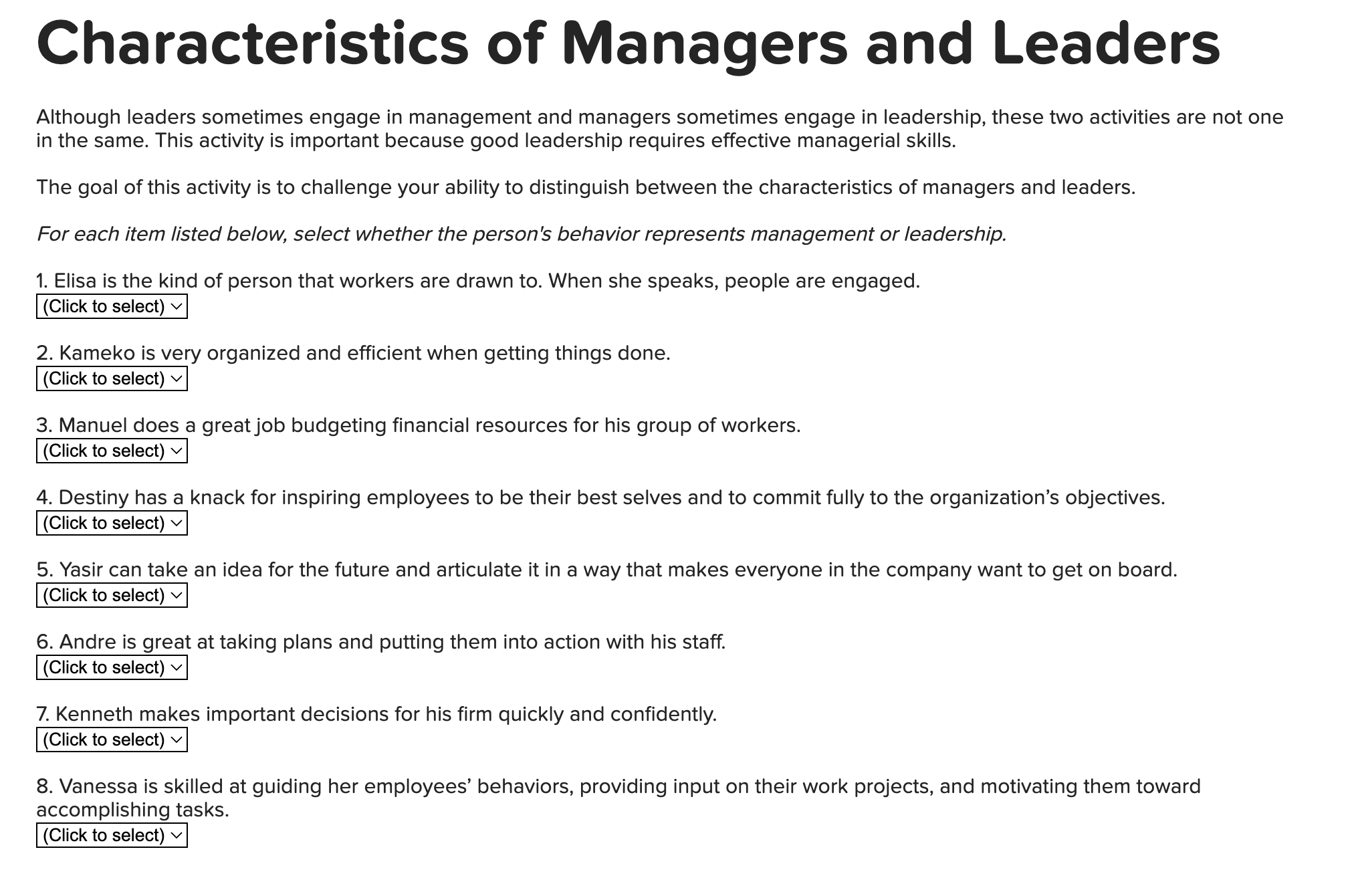 Solved Characteristics of Managers and LeadersAlthough | Chegg.com