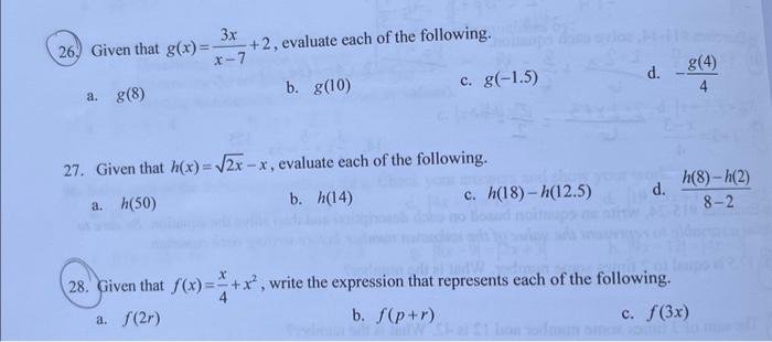 Solved 26. Given that g(x)=x−73x+2, evaluate each of the | Chegg.com