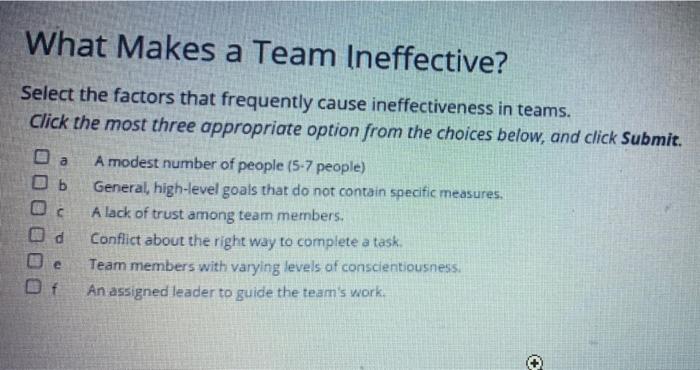 Solved What Makes a Team Ineffective? a Select the factors | Chegg.com