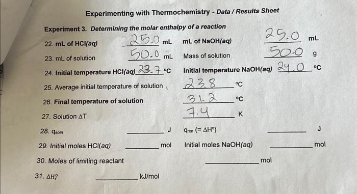 Experimenting with Thermochemistry - Data / Results | Chegg.com