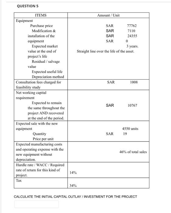 Solved QUESTION 5 CALCULATE THE INITIAL CAPITAL OUTLAY / | Chegg.com