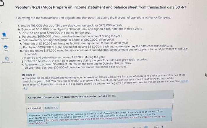Solved Problem 4-24 (Algo) Prepare an income statement and | Chegg.com