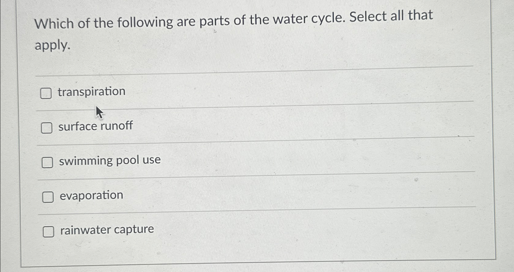 Solved Which of the following are parts of the water cycle. | Chegg.com