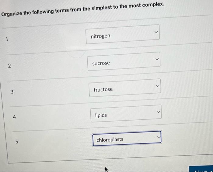 Solved Organize the following terms from the simplest to the | Chegg.com