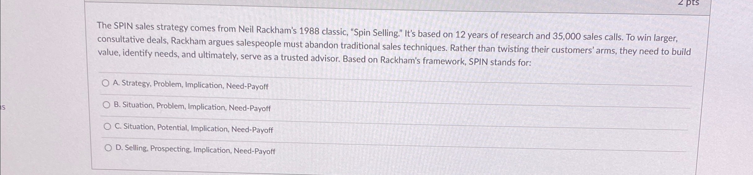 Solved The SPIN sales strategy comes from Neil Rackham's | Chegg.com
