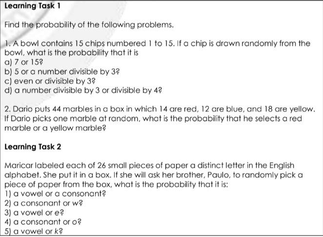 Solved Learning Task 1 Find the probability of the following | Chegg.com