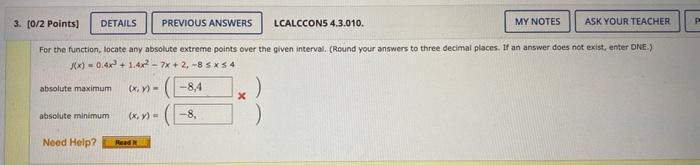 Solved For the function, focate any absolute extreme points | Chegg.com
