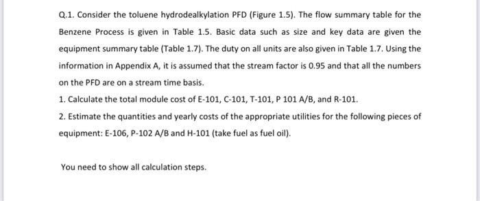 Q.1. Consider the toluene hydrodealkylation PFD | Chegg.com