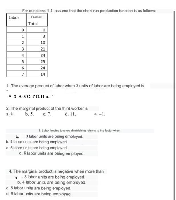 Solved 1. The average product of labor when 3 units of labor | Chegg.com