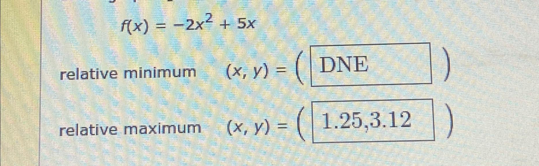 Solved f(x)=-2x2+5xrelative minimum ,(x,y)=(,)relative | Chegg.com