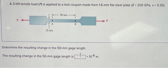 Solved A 3-kN tensile load (P) is applied to a test coupon | Chegg.com