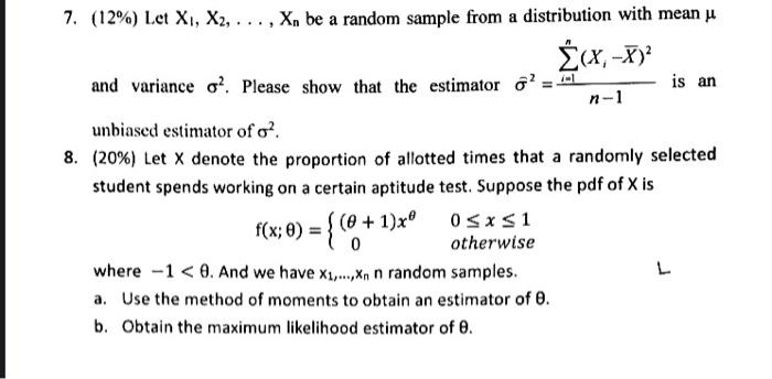 Solved 7. (12%) Let X1,X2,…,Xn be a random sample from a | Chegg.com