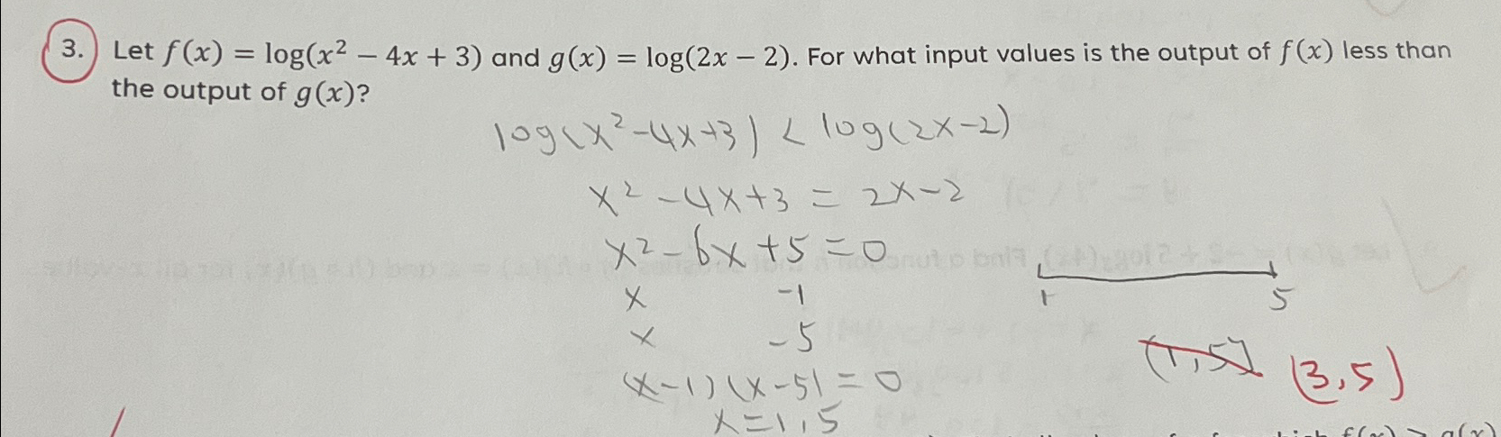 Solved Let f(x)=log(x2-4x+3) ﻿and g(x)=log(2x-2). ﻿For what | Chegg.com