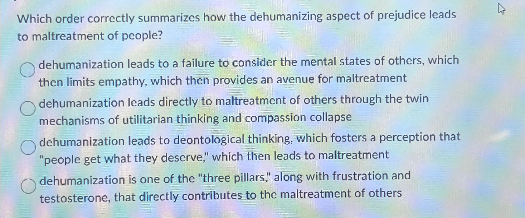 Solved Which order correctly summarizes how the dehumanizing | Chegg.com
