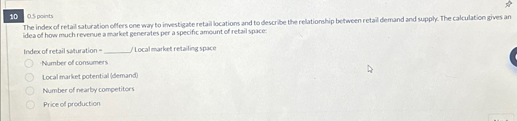 Solved 10 ﻿pointsThe index of retail saturation offers one | Chegg.com